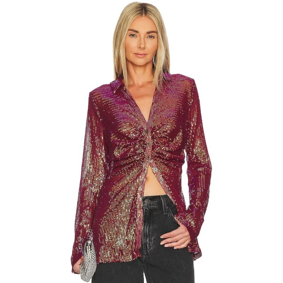 Free People | Tops | Free People Sequin Shirtee Top Burgundy Red Ruched ...